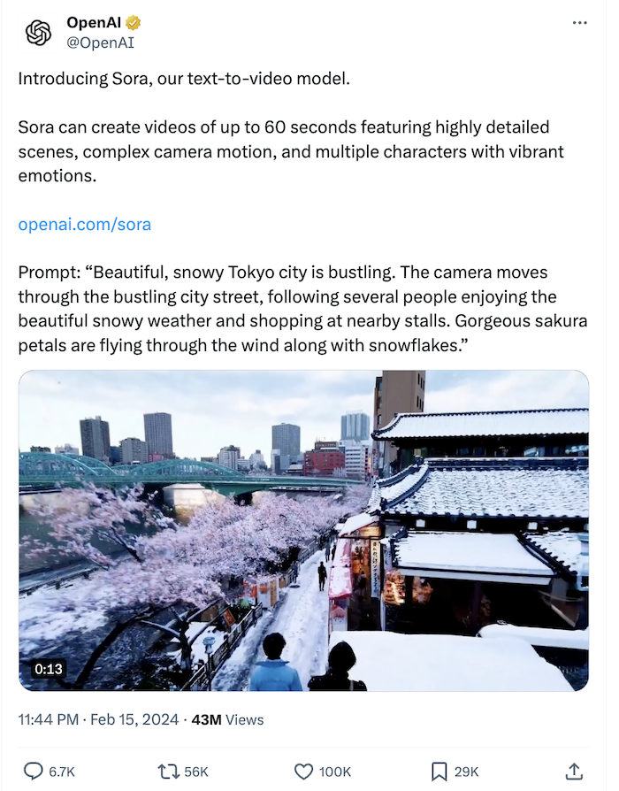 OpenAI launches Sora: Text Prompt to Videos